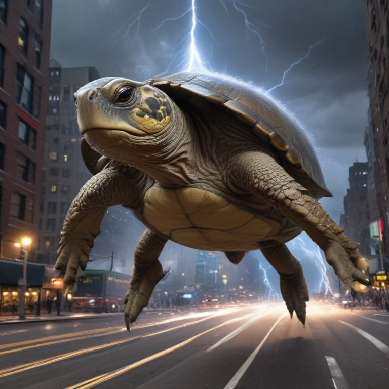 hypersonic turtle, drawn as an alien mothership, lightning coming off ...