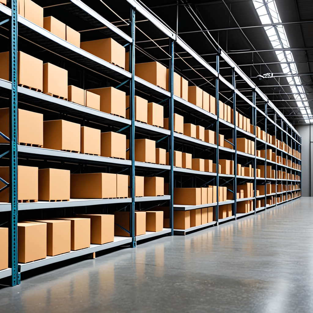 An empty warehouse with empty shelves around the edges. Side view. Flat ...