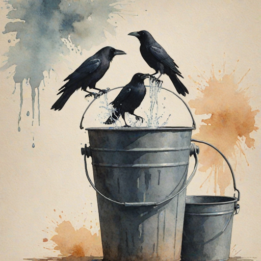 Four Ravens Gathering Around a Rusty Bucket in a Watercolor Scene