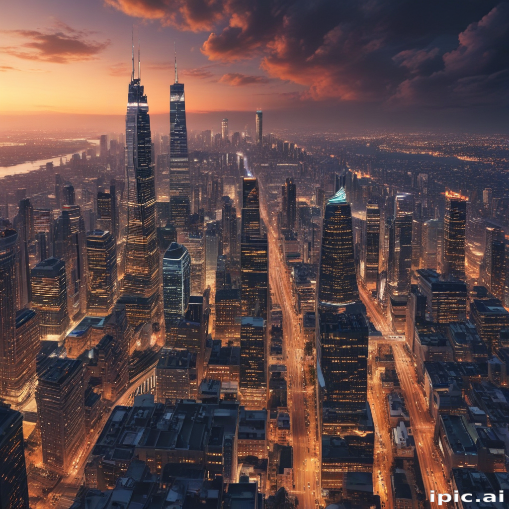 Stunning Aerial View of a Vibrant City Skyline at Dusk