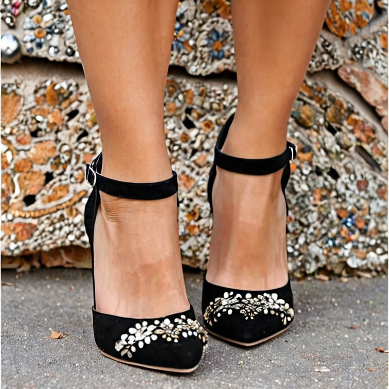 Pieds dans Escarpins hauts talons aiguilles cuir noir vus de face