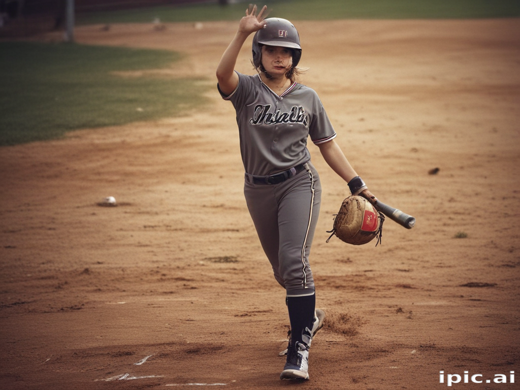 Young Female Baseball Player Waves Goodbye After a Successful Game ...