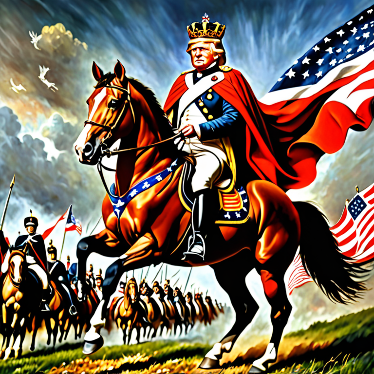 trump whit a crown and American flag cape in the portrait of Napoleon ...