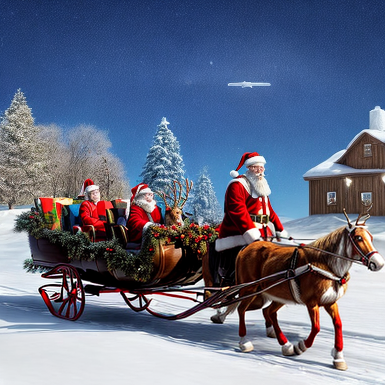 Santa Claus alone in his sleigh pulled by reindeer who distributes ...