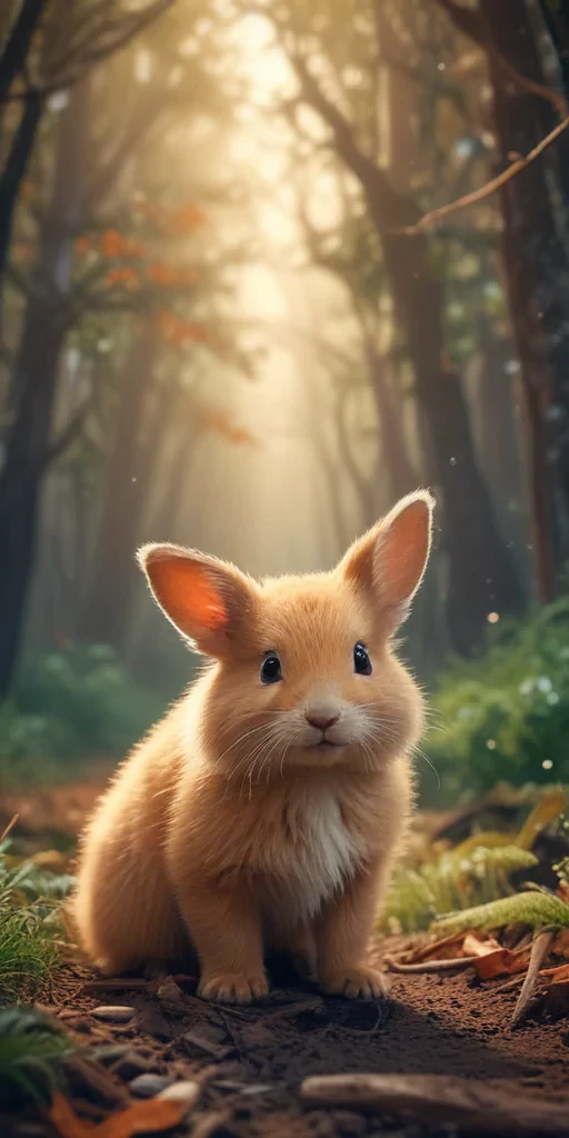 A Cute Bunny Sitting in a Sunlit Forest Surrounded by Nature.