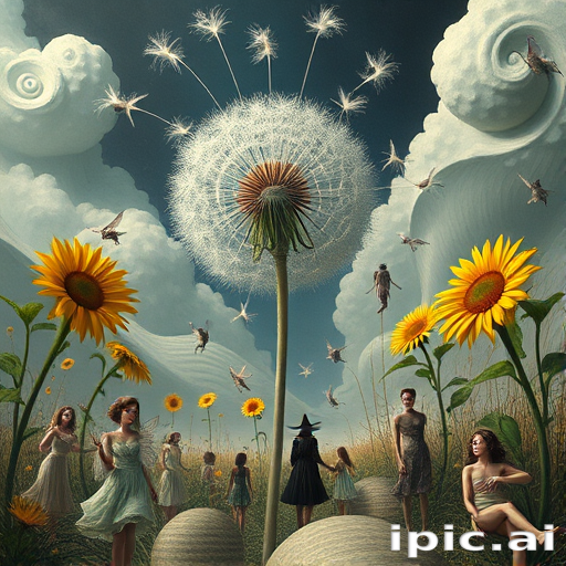 Whimsical Dreamscape: Enchanted Dandelions and Sunflowers in a Surreal ...