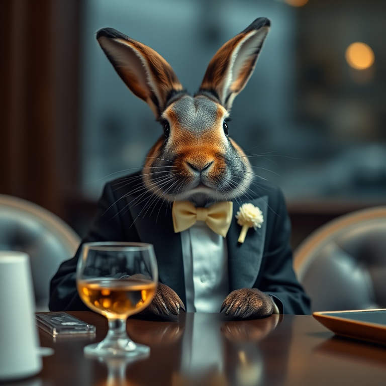 A Dapper Rabbit in a Suit Enjoying a Fine Drink at Dinner.