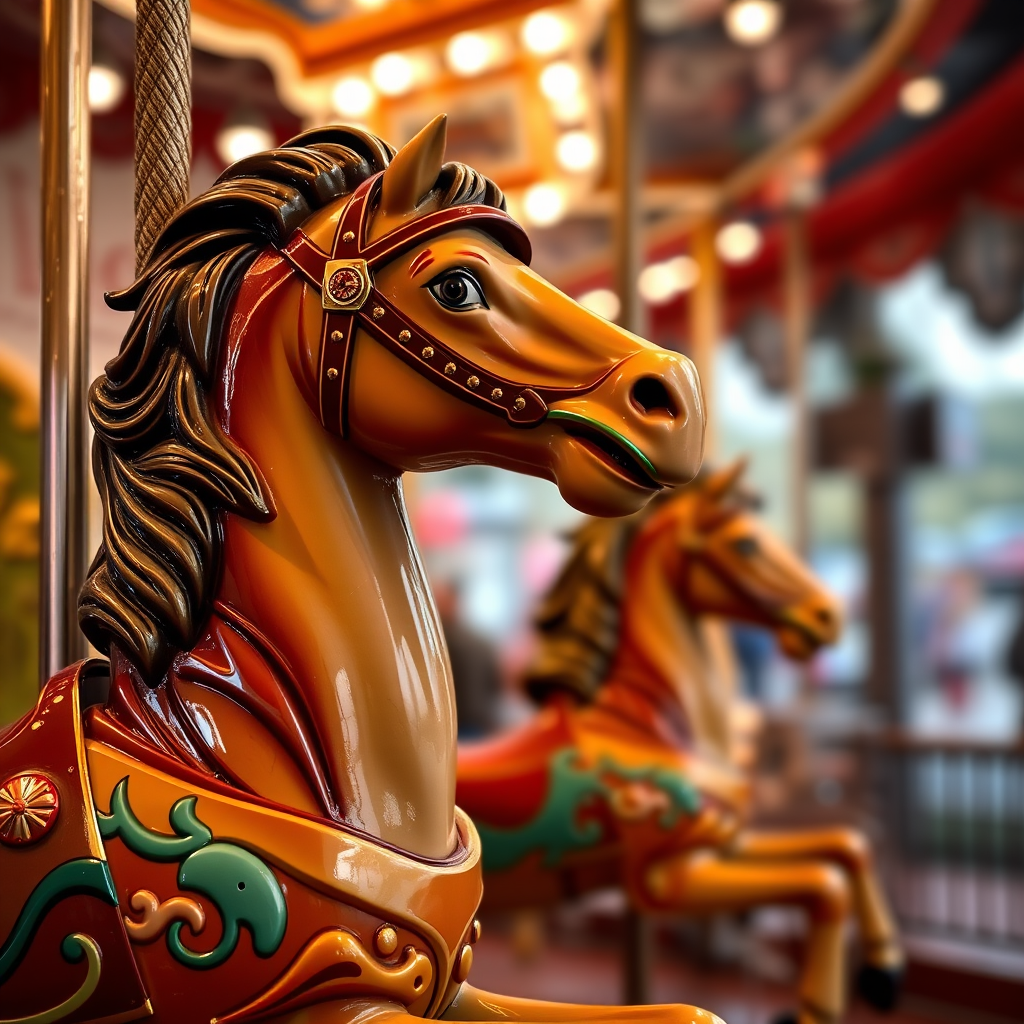 Capture a high-resolution image of a carousel horse with intricate ...