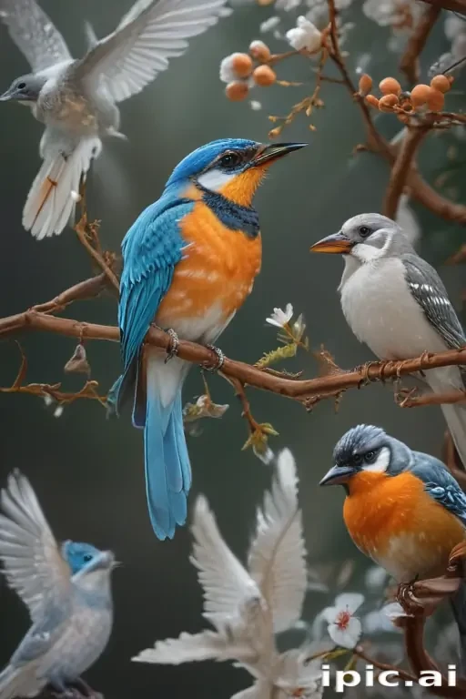 Colorful Birds Perched on Branches Amidst a Serene Natural Background.