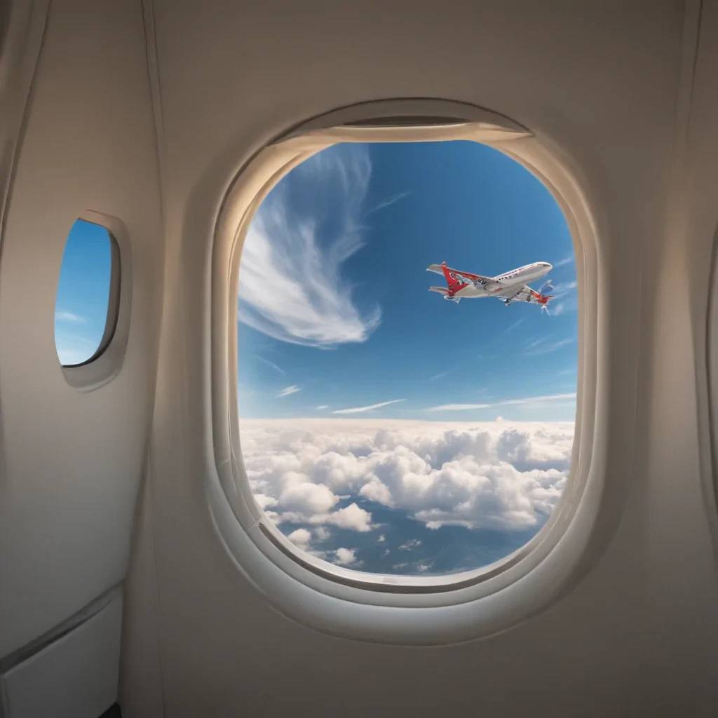 View from Airplane Window Showcasing Clouds and Another Aircraft Above