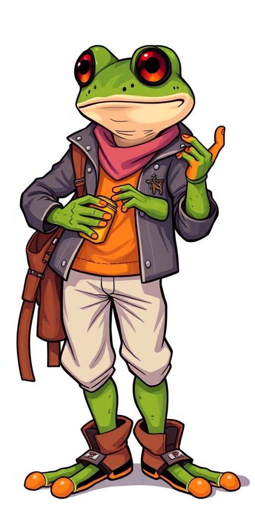Stylish Frog Character with Red Eyes and Casual Outfit Holding Drink