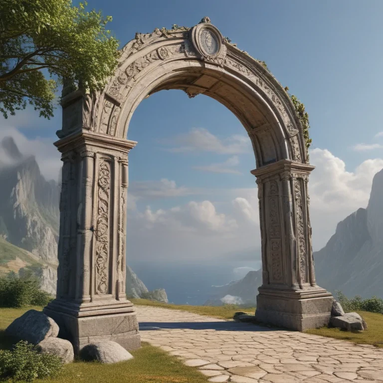 Majestic Stone Archway Overlooking a Scenic Coastal Landscape and Mountains
