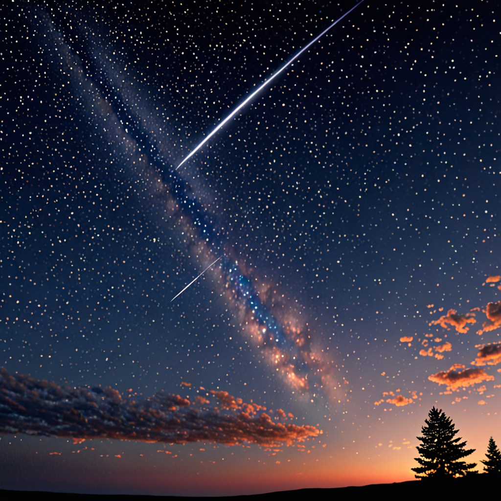 Shooting star through dawn, high resolution, high detail, photorealism 1:4