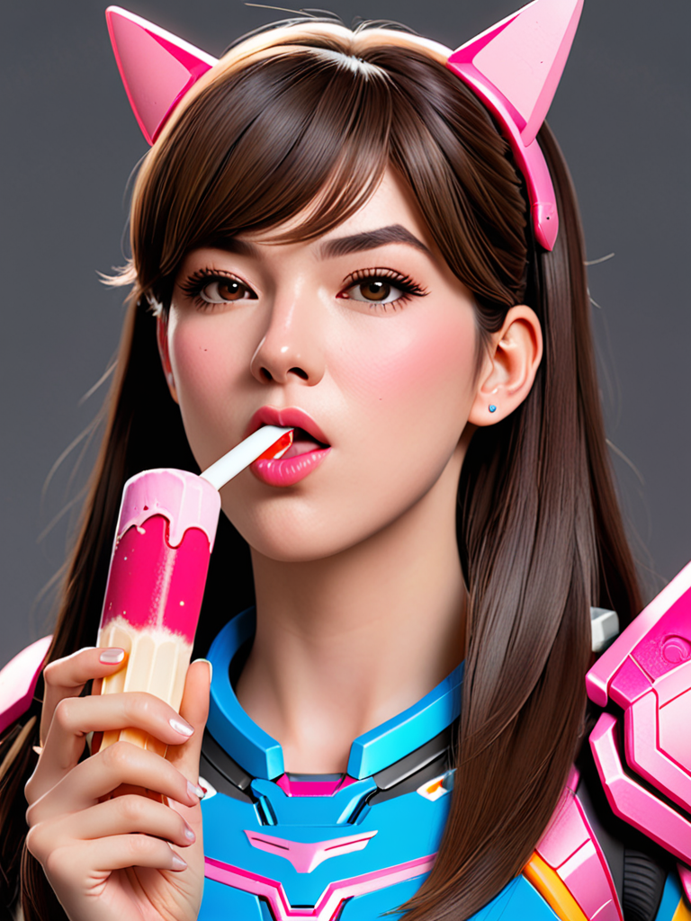 dva from overwatch sucking on a rocket popsicle made of human flesh