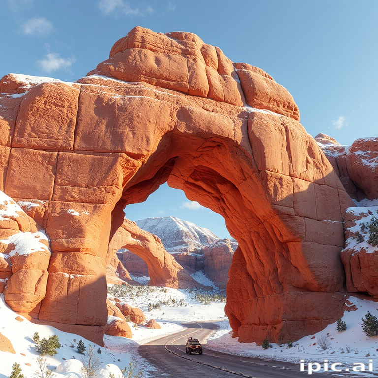 Majestic Red Rock Arch Framed by Snow-Capped Mountains Under Clear Blue Sky