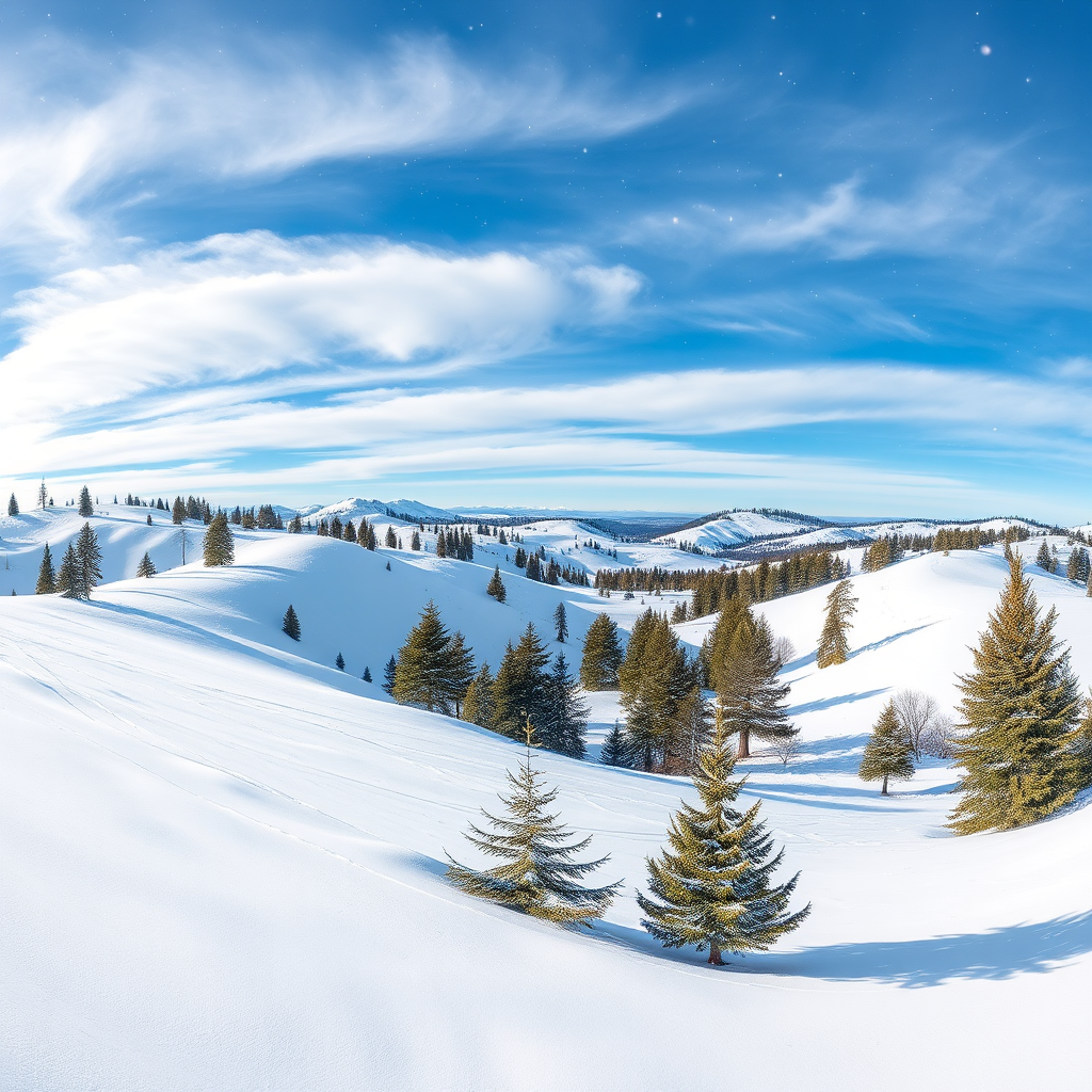 Stunning Winter Landscape with Snow-Covered Hills and Majestic Blue Sky