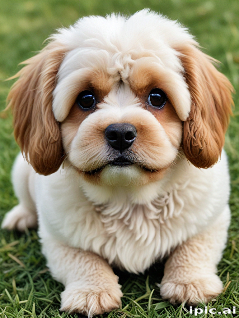Adorable fluffy puppy with big eyes sitting on green grass.