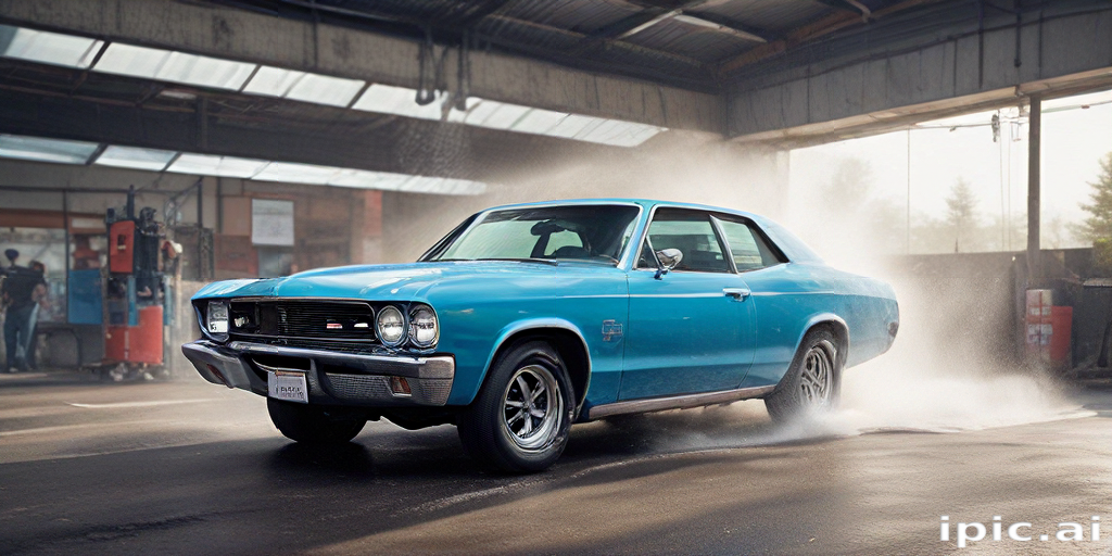 Classic Blue Muscle Car Revving Up in a Vintage Garage Setting