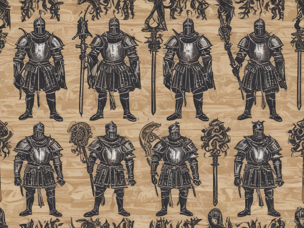 knights in black armor in medieval woodcut style