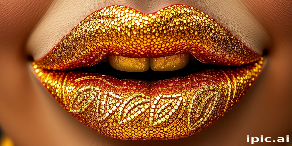 Glittering Golden Lips Adorned with Intricate Designs for a Stunning Look