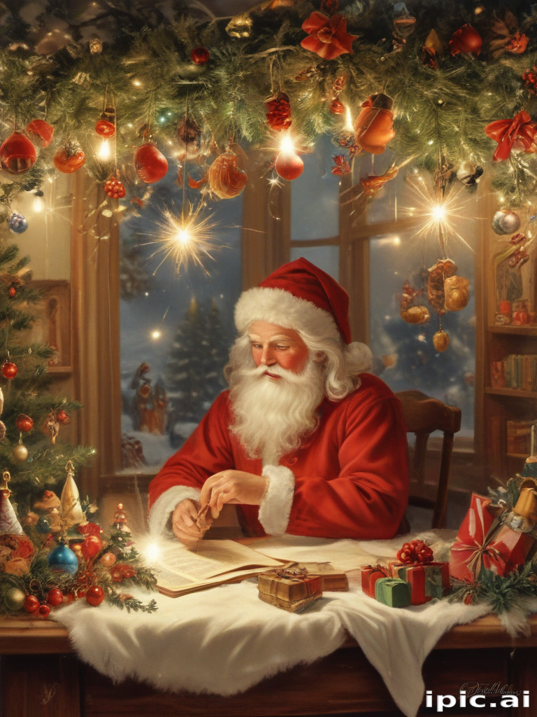 Santa Claus Writing Christmas Wishes by the Cozy Fireside with Decorations