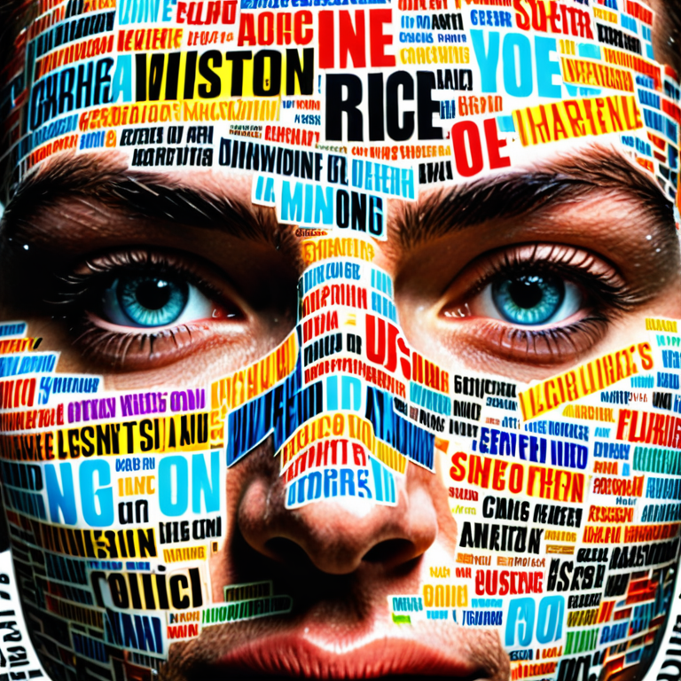 A person's face is covered with many 3D words (flaminkgosh designer ...