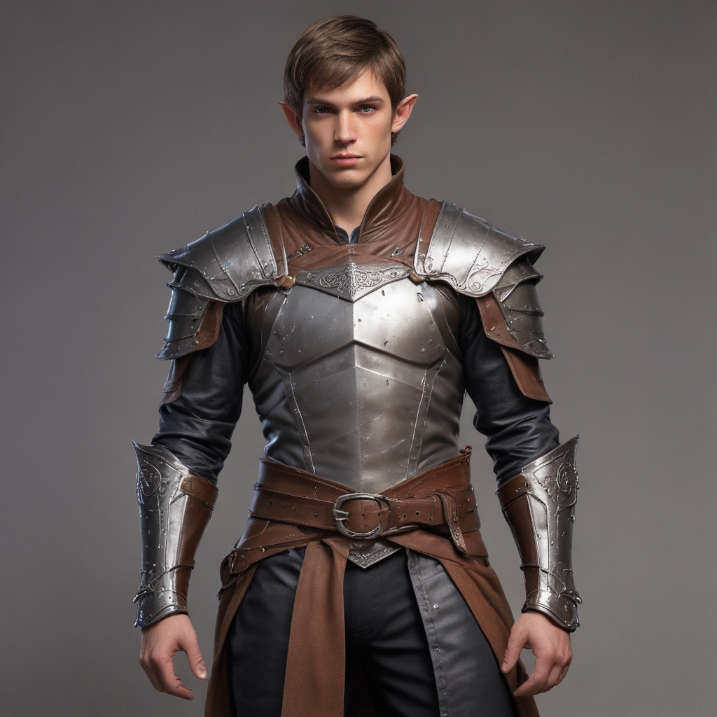 male, pale half elf with leather armour, short brown hair, grey eyes ...