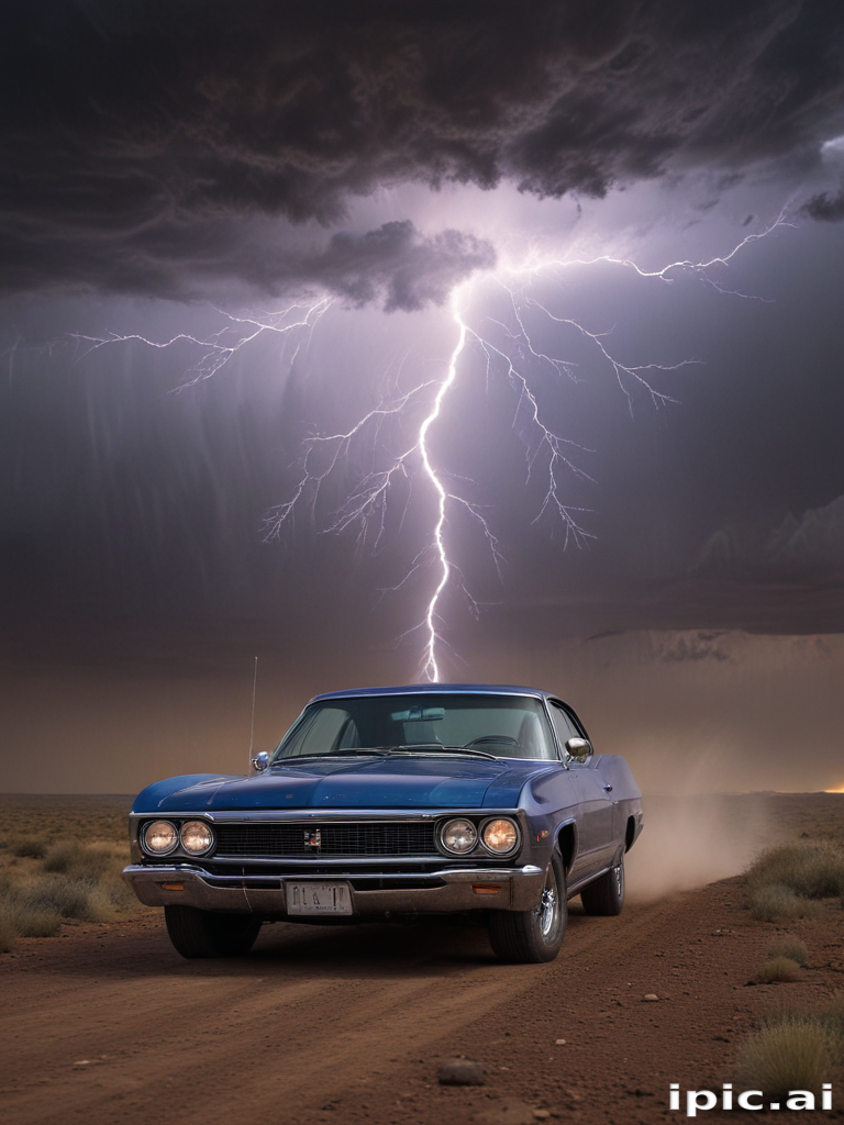 Classic Blue Car Driving Through Desert as Lightning Strikes ...