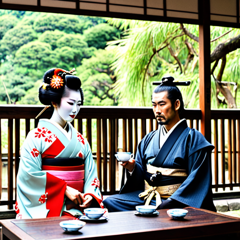Geisha and samurai drinking tea