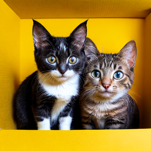 two cats playing in amazon box, one brown, one grey and white,