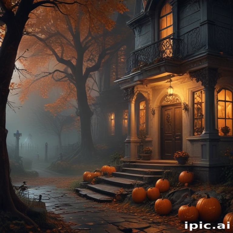 Spooky Autumn Evening at a Haunted House with Glowing Pumpkins