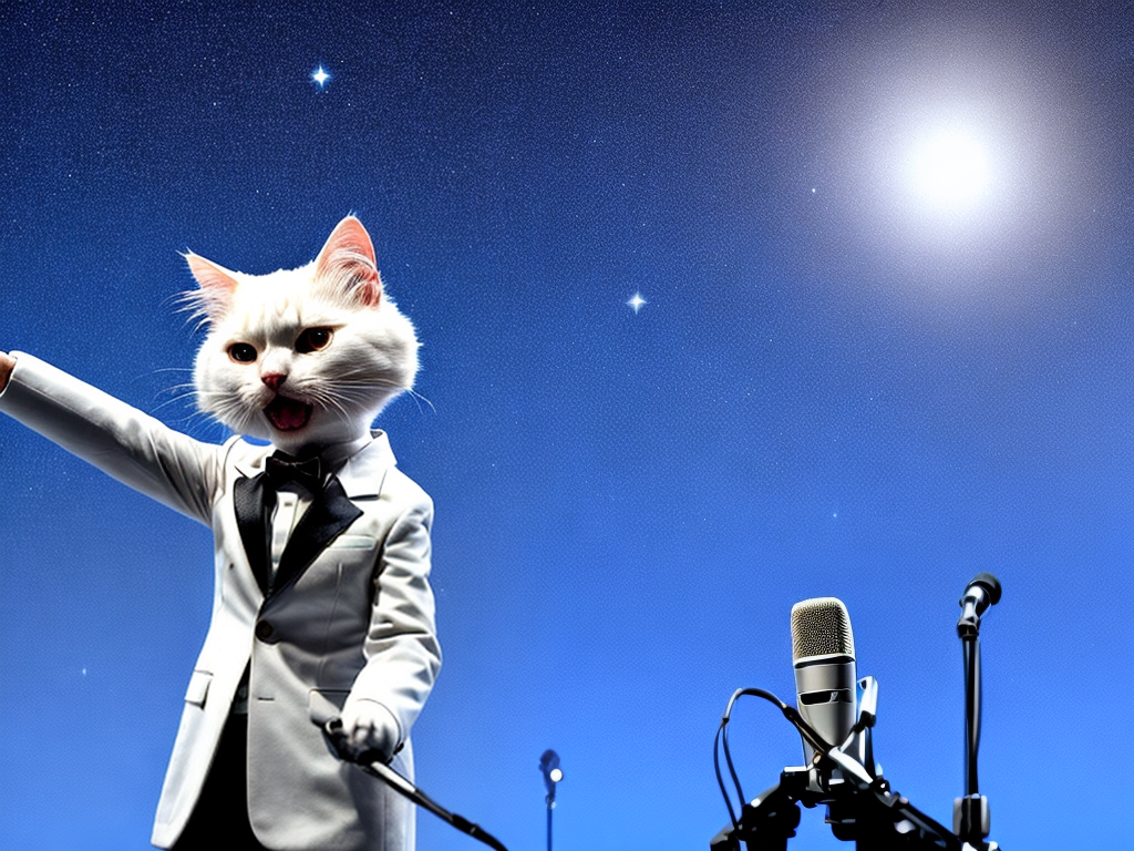 white cat in a shiny jacket singing into a microphone on a stage