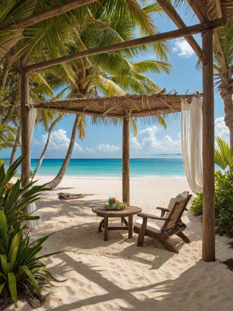 Create a picturesque tropical beach scene featuring a serene, white ...