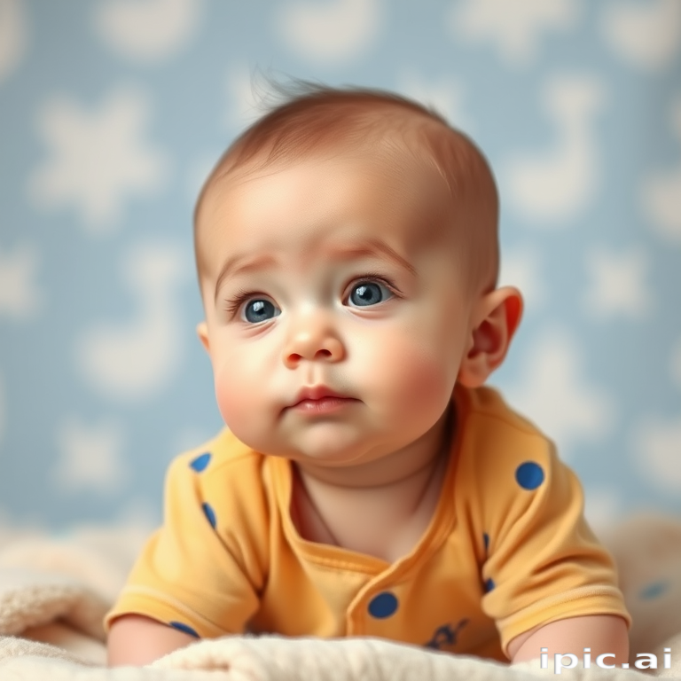 Adorable Baby with Big Blue Eyes in Cozy Yellow Outfit on Soft Blanket.