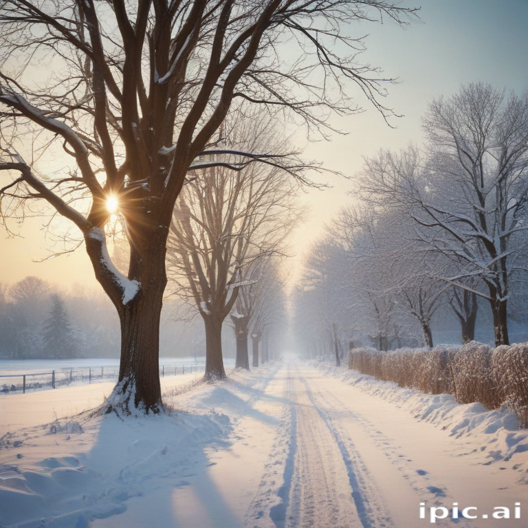 Serene Winter Pathway Surrounded by Snow-Covered Trees and Soft Light