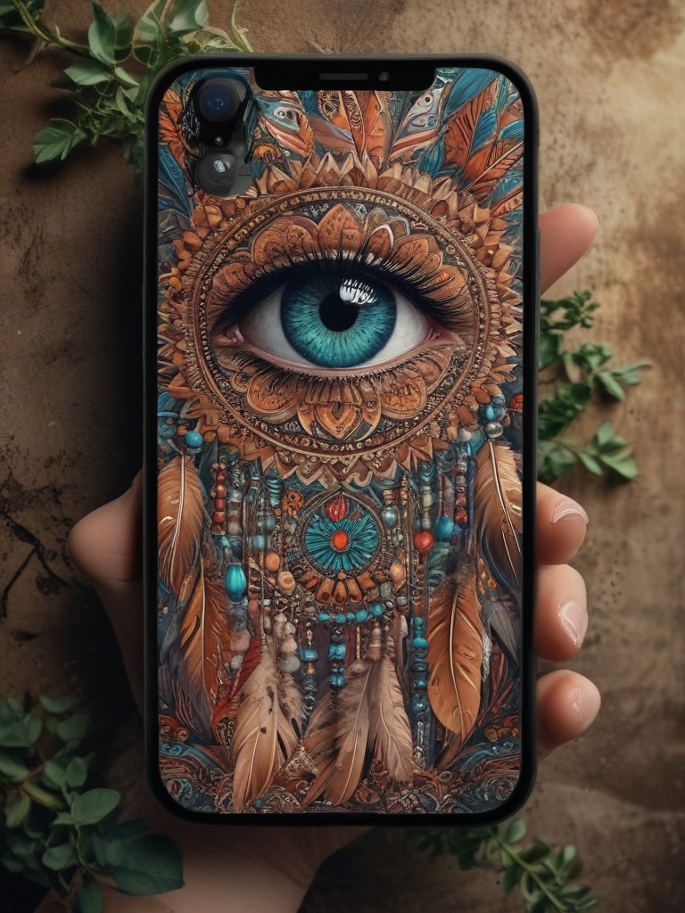Intricate Eye Design with Feathers and Beads on a Smartphone Case
