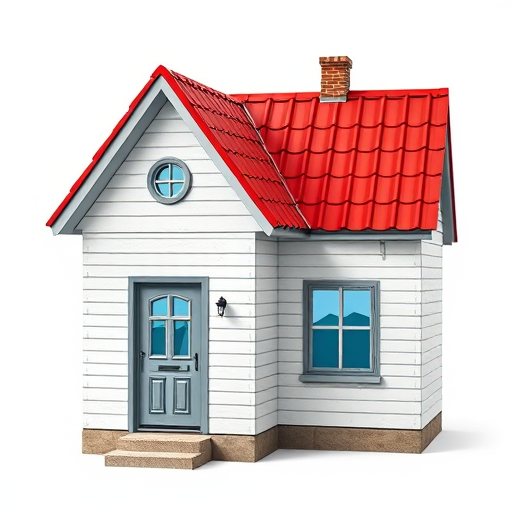 Charming Small House with Red Roof and Blue Windows on White Exterior