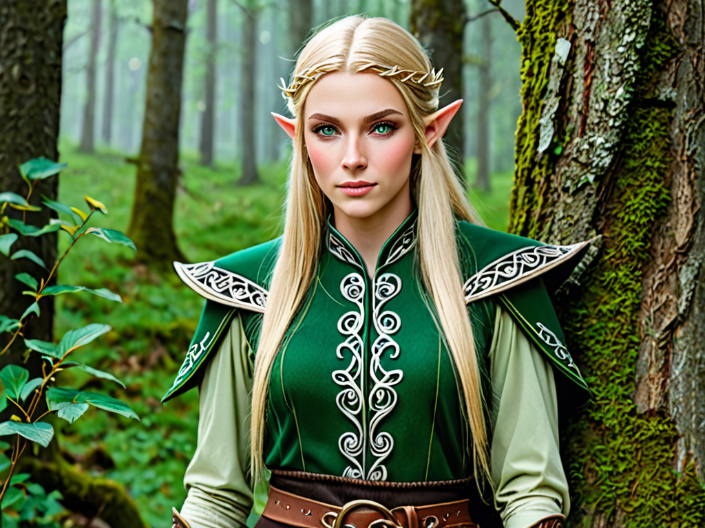 Wood Elf girl with, green eyes, long blonde hair, elven fabric clothing ...