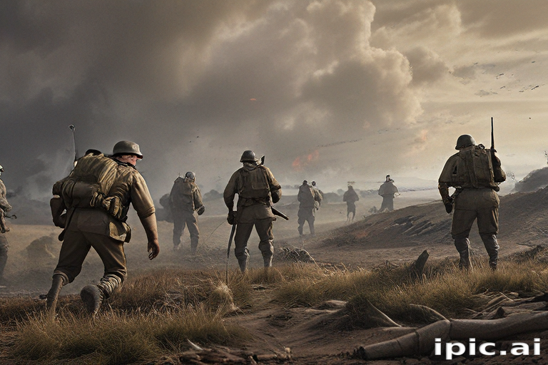 Soldiers Marching Through Desolate Battlefield Under Dark, Stormy Skies
