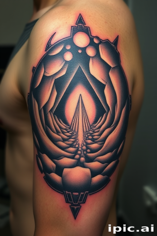 Intricate Geometric Tattoo Design Featuring a Cosmic Perspective and Depth