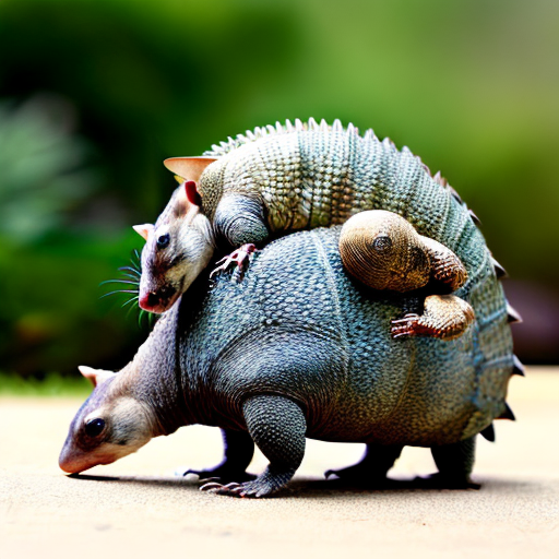 armadillo fighting a possum while a turtle watches