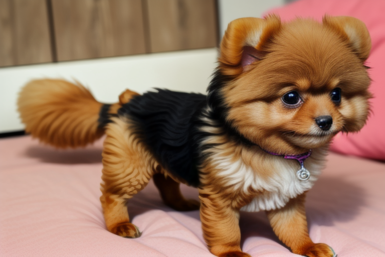 A Cute Pomeranian Puppy Playfully Standing on a Cozy Pink Bed.