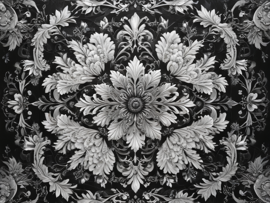 Intricate Floral Design in Monochrome with Detailed Patterns and Textures
