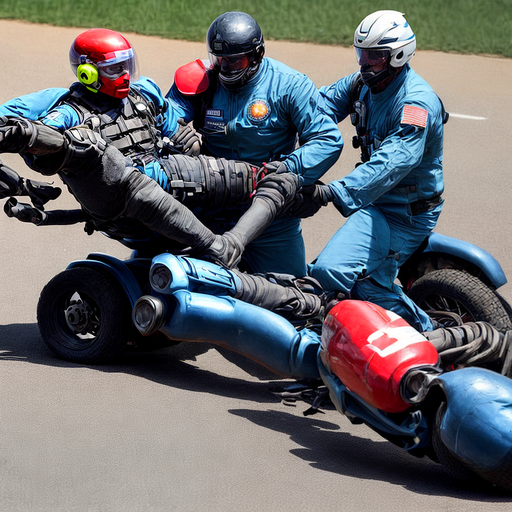 a bald paramedic with bionic arms and legs rescuing a person from a car ...