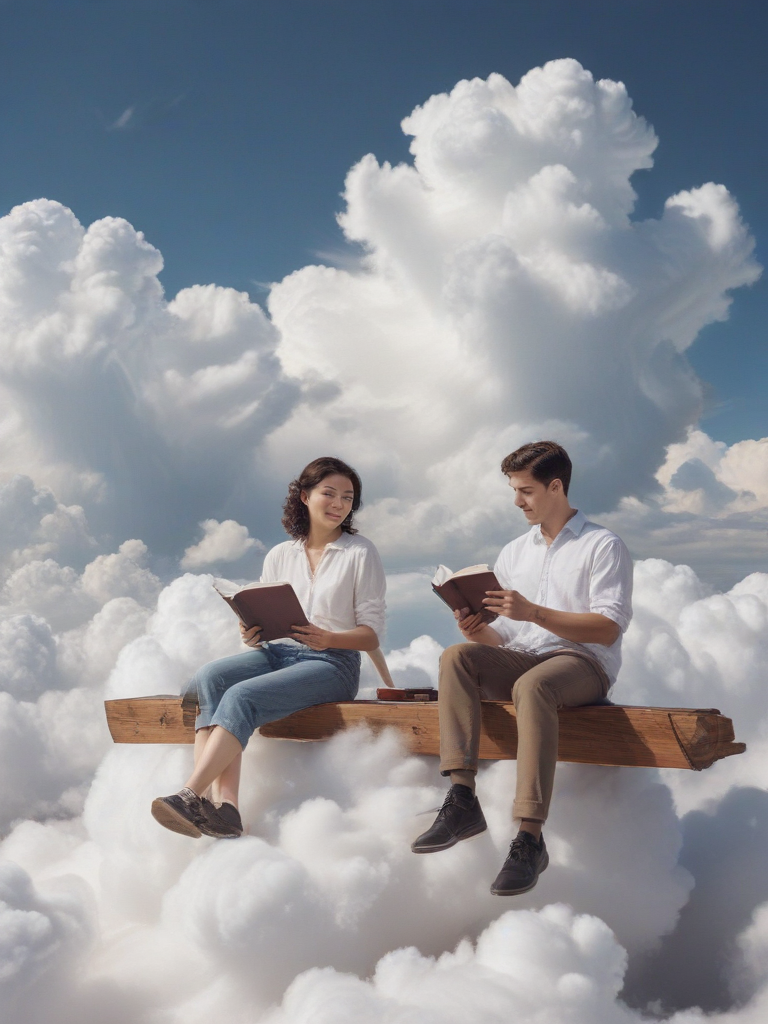 Two people reading book sitting on clouds woth wine in hand