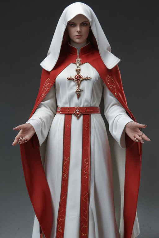 fantasy battle-nun priest, red and white robes, warhammer, realistic hands
