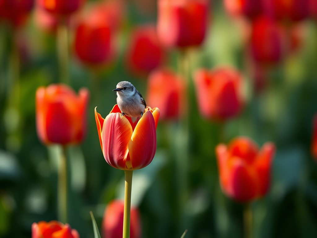 A close-up shot of a small bird perched on a vibrant tulip with a ...