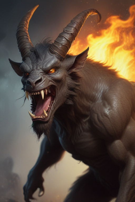 the whole figure of the devil in the background, fire and smoke, as if ...