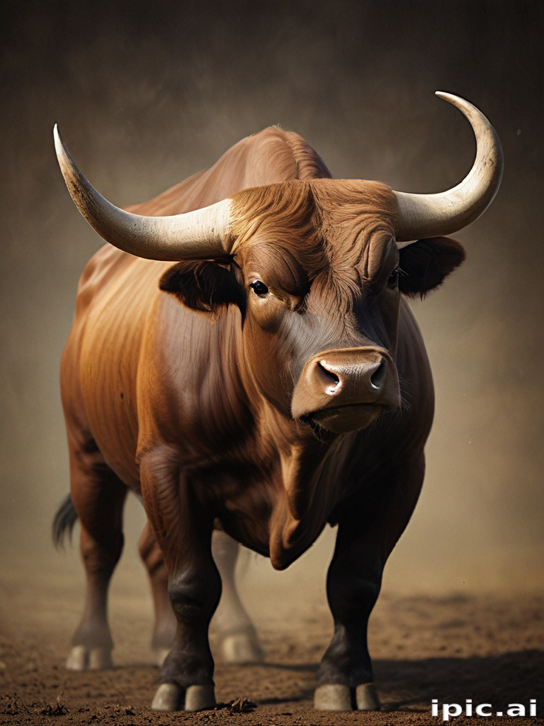 Majestic Brown Bull Stands Strong Against a Dusty Background Landscape.