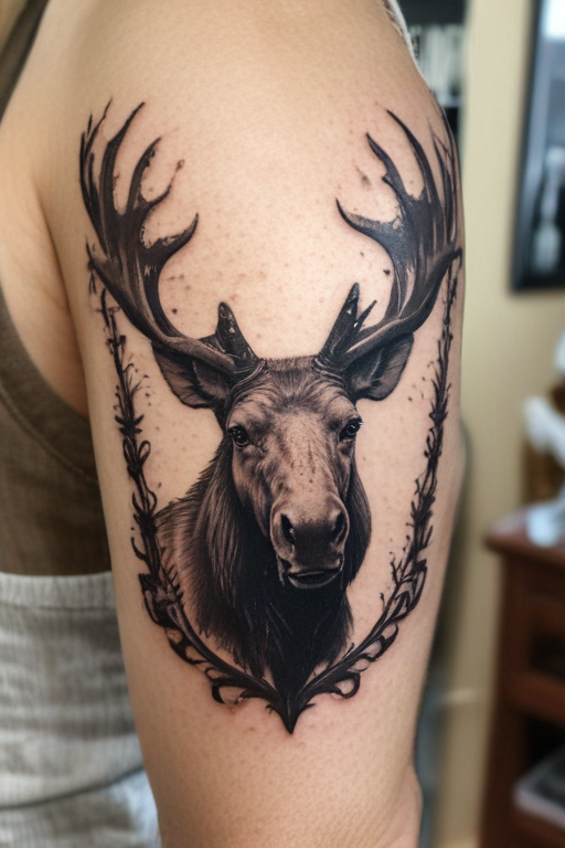 arm tattoo of moose head in a picture frame